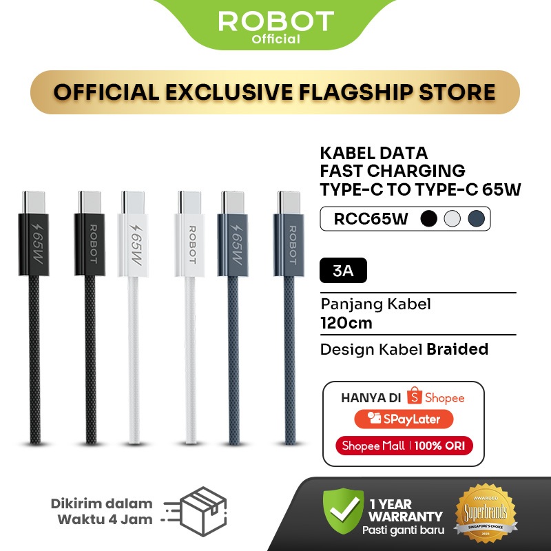 Jual ROBOT Data Cable 3A Fast Charging Kabel Data Charger Type C-to-C ...