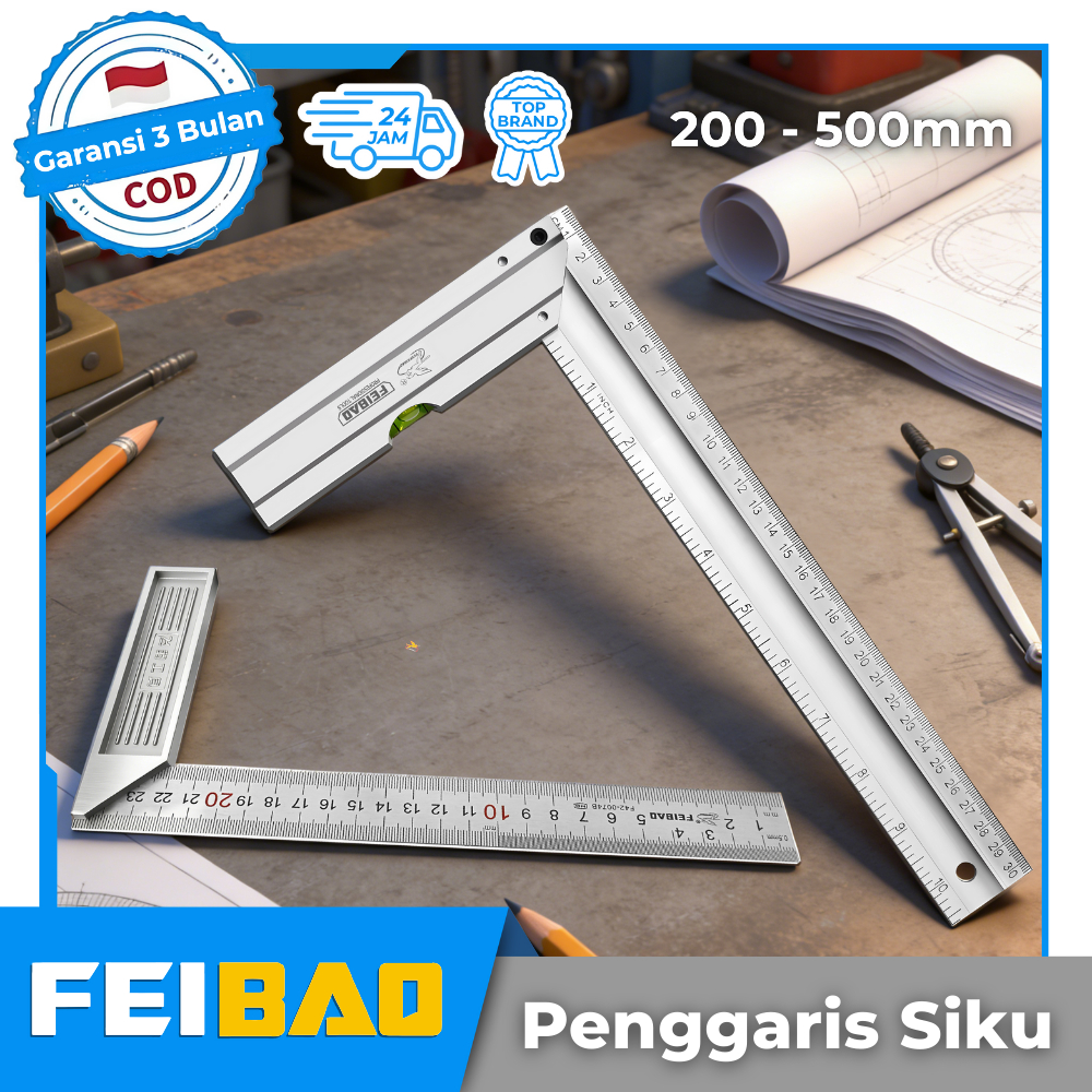 Jual FEIBAO Penggaris Siku L Baja 20-60cm Alat Ukur Sudut Akurat Kokoh ...