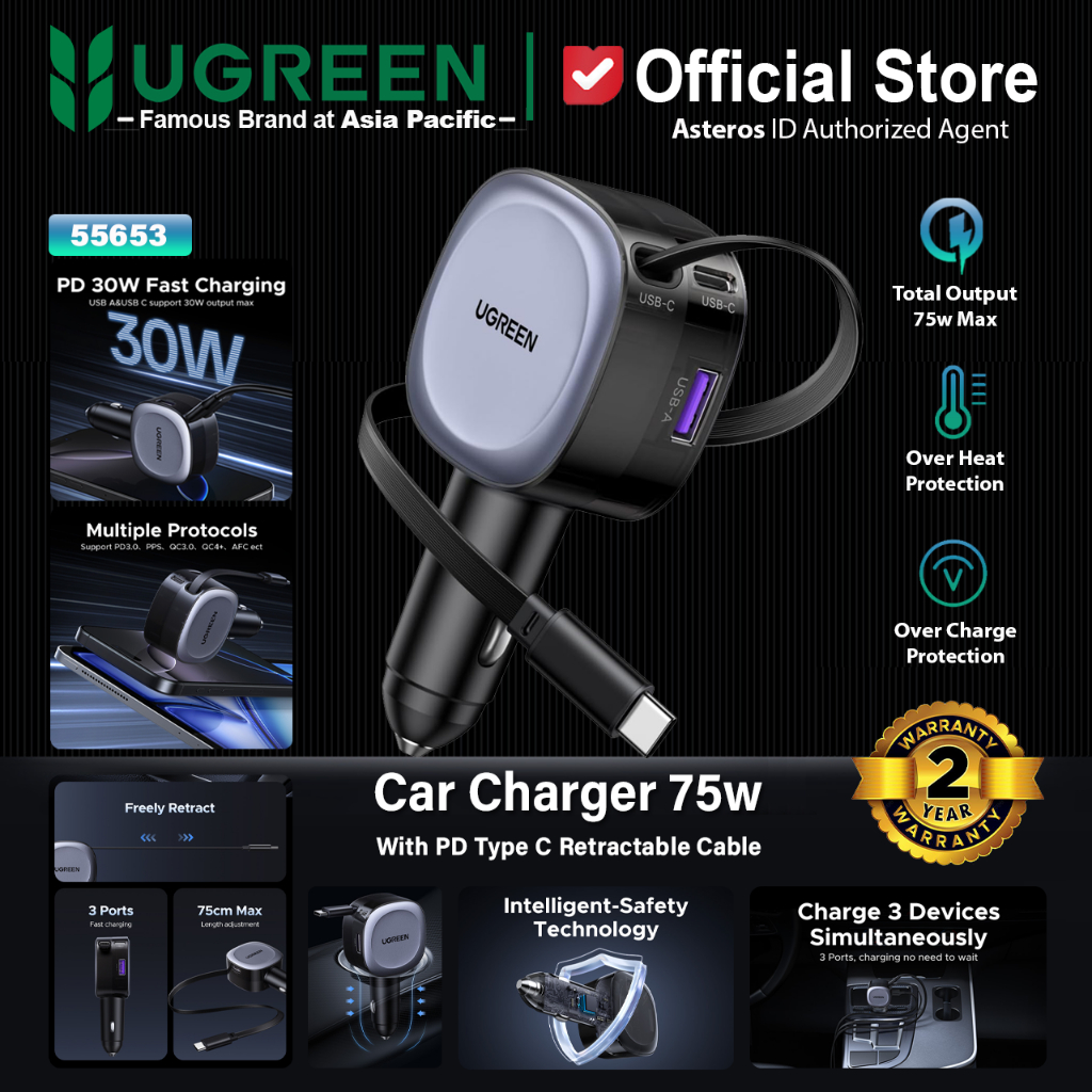 Jual UGREEN Car Charger Mobil Built in Cable Type C Retractable Fast ...