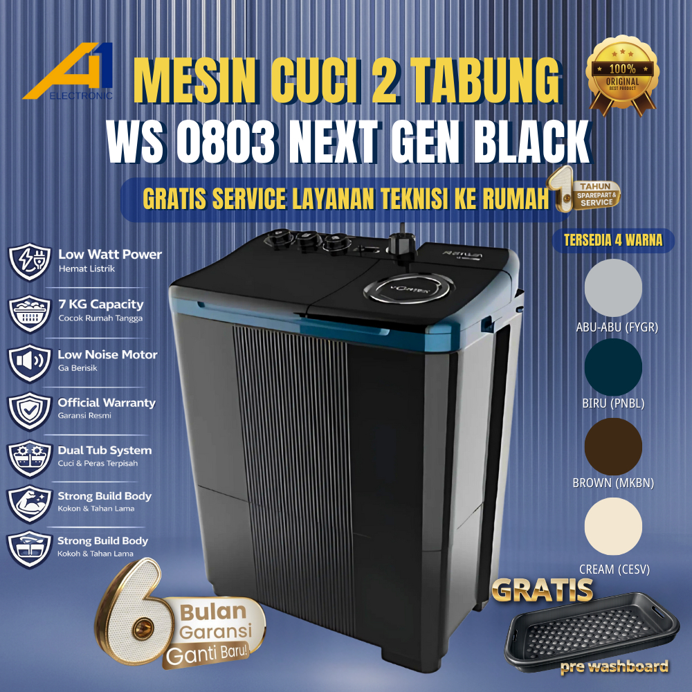 Jual REIWA Mesin Cuci 2 Tabung 7Kg WS 0803 Next Gen Black Edition Low ...