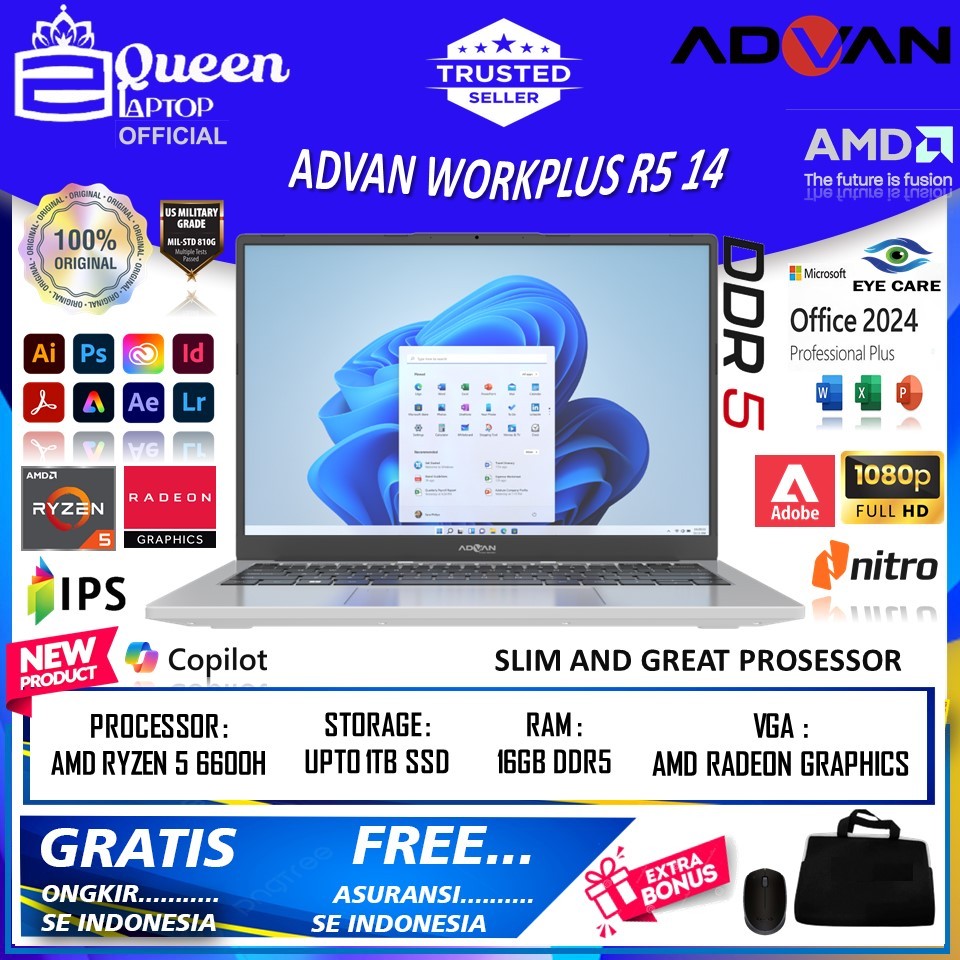 Jual Laptop Slim Advan Workplus R5 14 AMD RYZEN 5 6600H 16GB DDR5 1TB ...