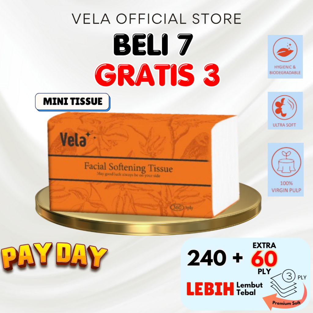 Jual [BELI 7 GRATIS 3] 3 PLY, 300 SHEETS MINI TISSUE VELA Tissue Grosir ...