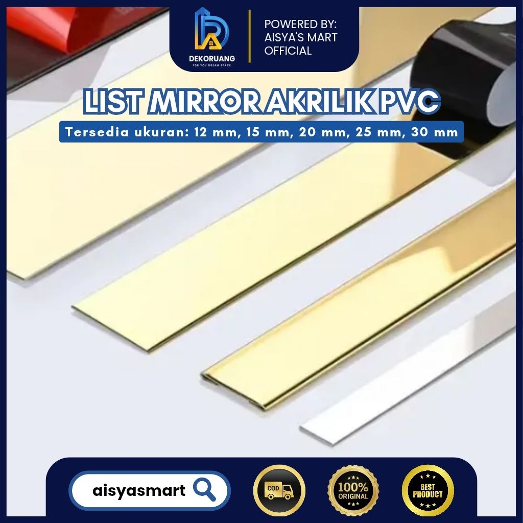 Jual List Mirror Akrilik PVC Meteran Lis Les 8mm 12mm 15mm 20mm 25mm ...