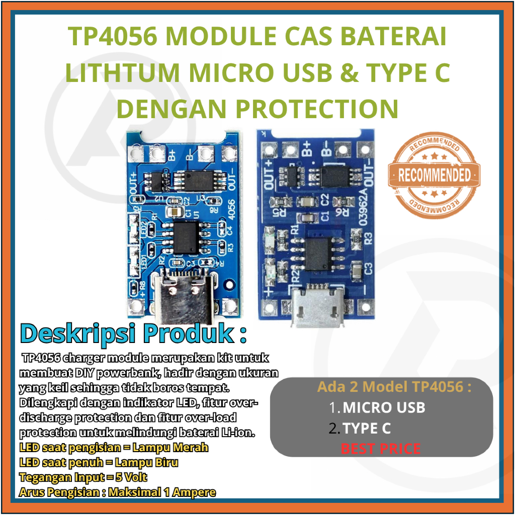 Jual TP4056 Lithium Battery Charging Output 5V 1A Micro USB & Tape C ...