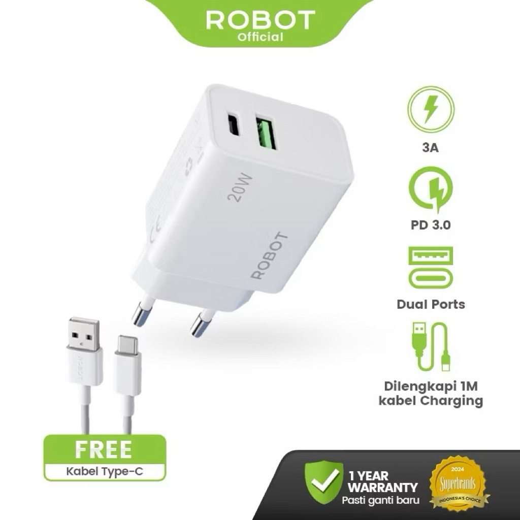 Jual ROBOT Adapter Charger Fast Charging 20W Dual Port USB-A USB-C FREE ...