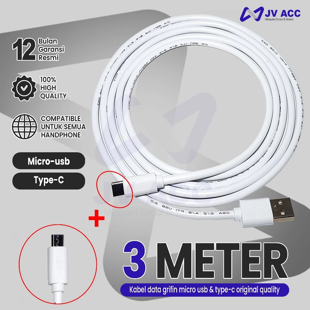 Jual KABEL DATA CHARGER HP/CCTV GRIFFIN MICRO USB / TYPE C 3 METER ...