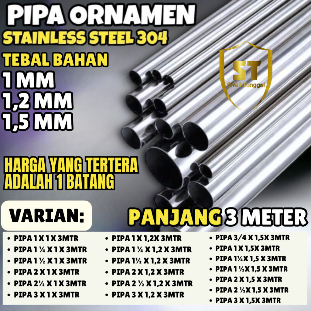 Jual PIPA SS 304 - 1MM / 1,2MM / 1,5MM PANJANG 3 METER - STAINLESS ...
