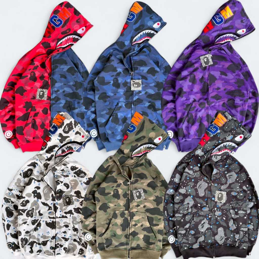 Jual JAKET FULL ZIPPER HOODIE BAPE SHARK WGM CAMO 1ST FULL BORDIR ...