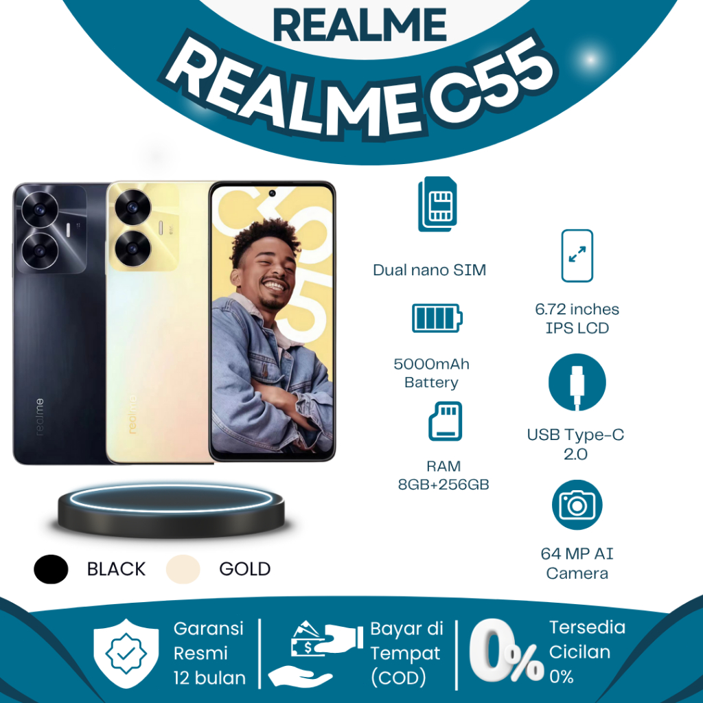Jual HP Realme C55 RAM 8GB/256GB dengan Helio G88. Layar FHD+ 6,72 inci ...