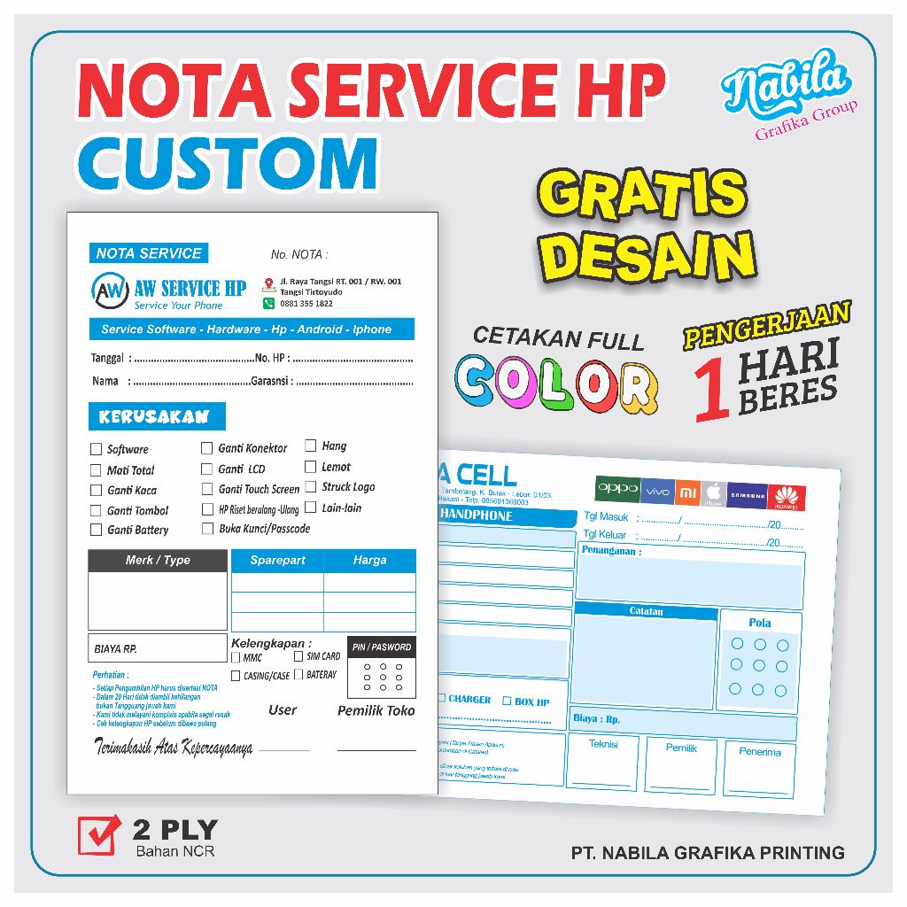 Jual Cetak Nota Service HP Custom Nama Logo Usaha Sendiri Ukuran 1/4 ...