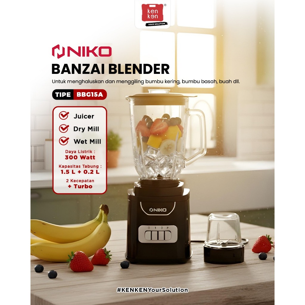 Jual NIKO Banzai Blender Listrik Pelumat Juice 1.5 Liter Glass + Dry ...