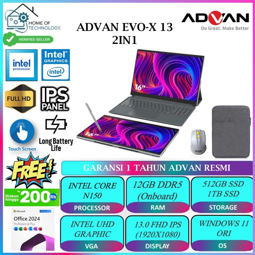 Jual Laptop Kerja ADVAN EVO-X 13 2IN1 INTEL N150 12GB 512GB 13.0 3K IPS ...