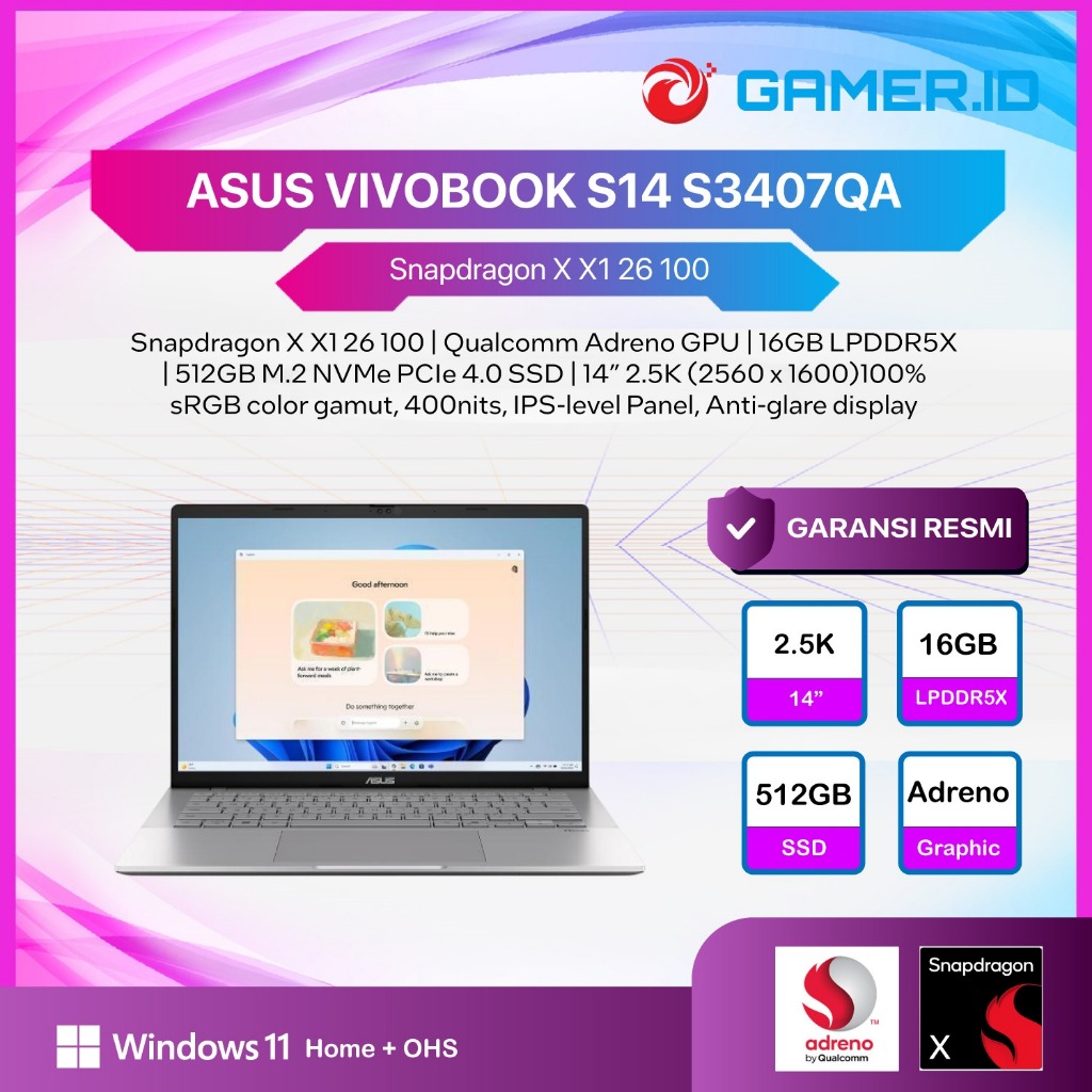 Jual ASUS VIVOBOOK S14 S3407QA SNAPDRAGON X1 16GB 512GB W11+OHS+M365B ...