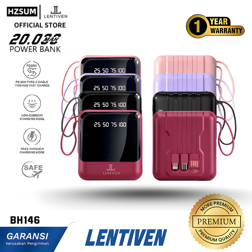 Jual HZSUM LENTIVEN Powerbank 20000mAh Mini Fast Charging 4 Kabel LED ...