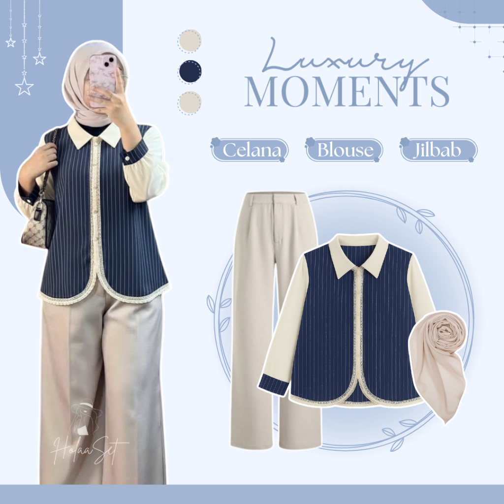Jual OOTD Setelan Wanita Kekinian 3in1 (Blouse Salur Navy - Celana ...