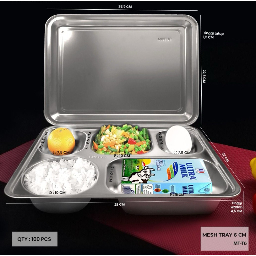 Jual piring makan catering 5 sekat stainless TEBAL plus TUTUP STAINLESS ...