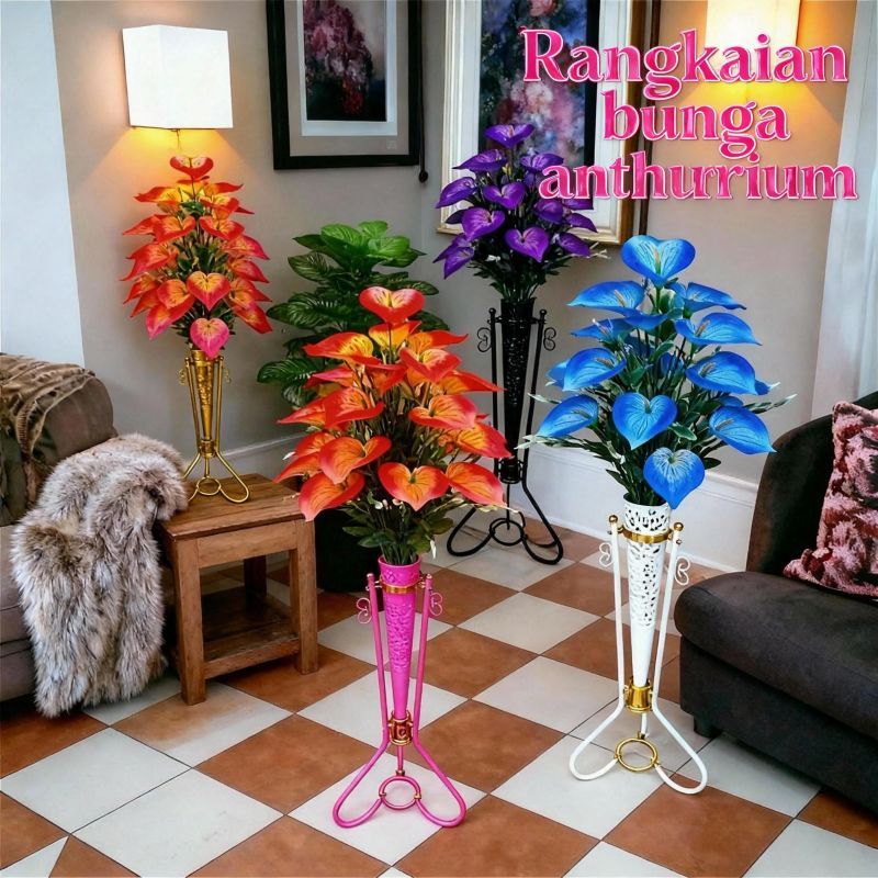 Jual Rangkaian bunga anthurium/bunga Aron panda/dengan pot standing ...