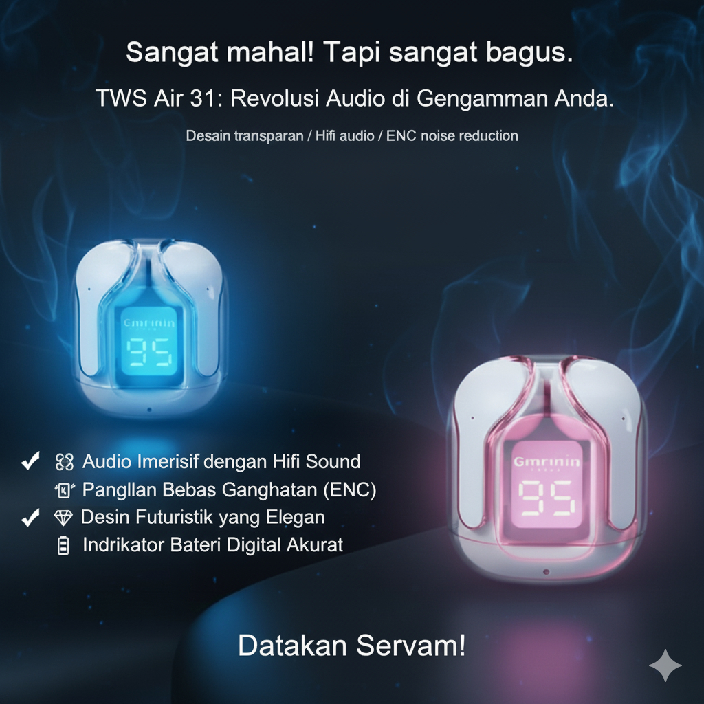 Jual Original TWS AIR Headset Earpods Bluetooth Stereo Tranparan Super ...