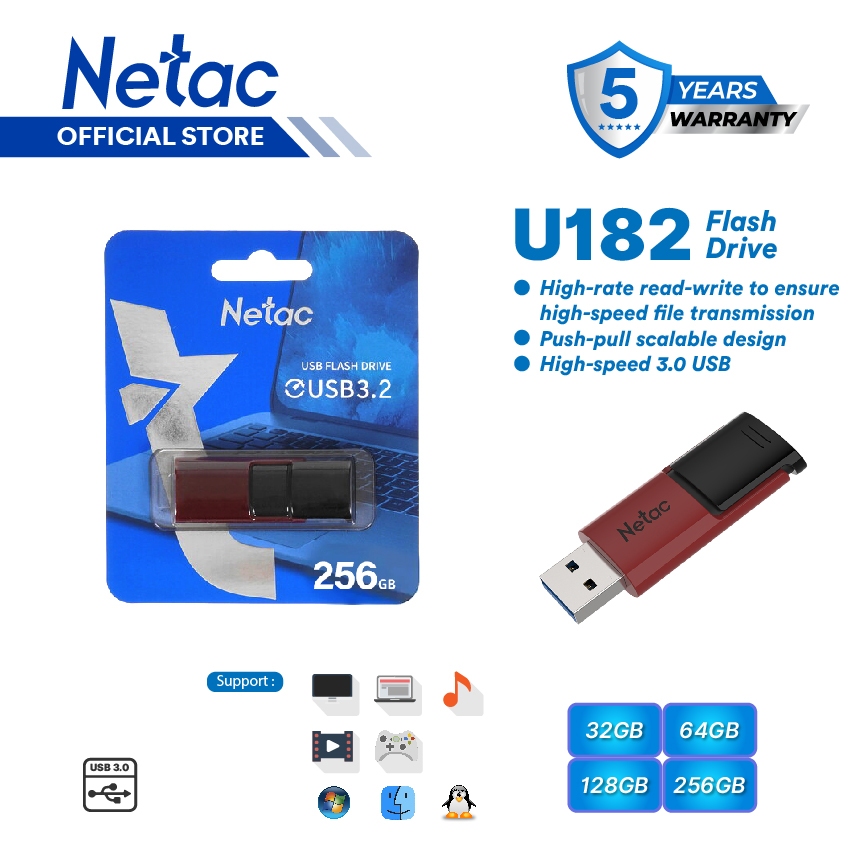 Jual Netac Flashdisk U182 USB 3.2 Flash Drive 32GB/64GB/128GB/256GB Red ...