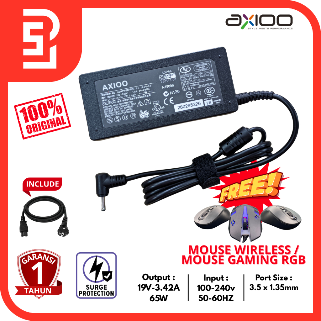Jual Adaptor charger axioo mybook hype 3, hype 5, hype 7 19v - 3.42A ...
