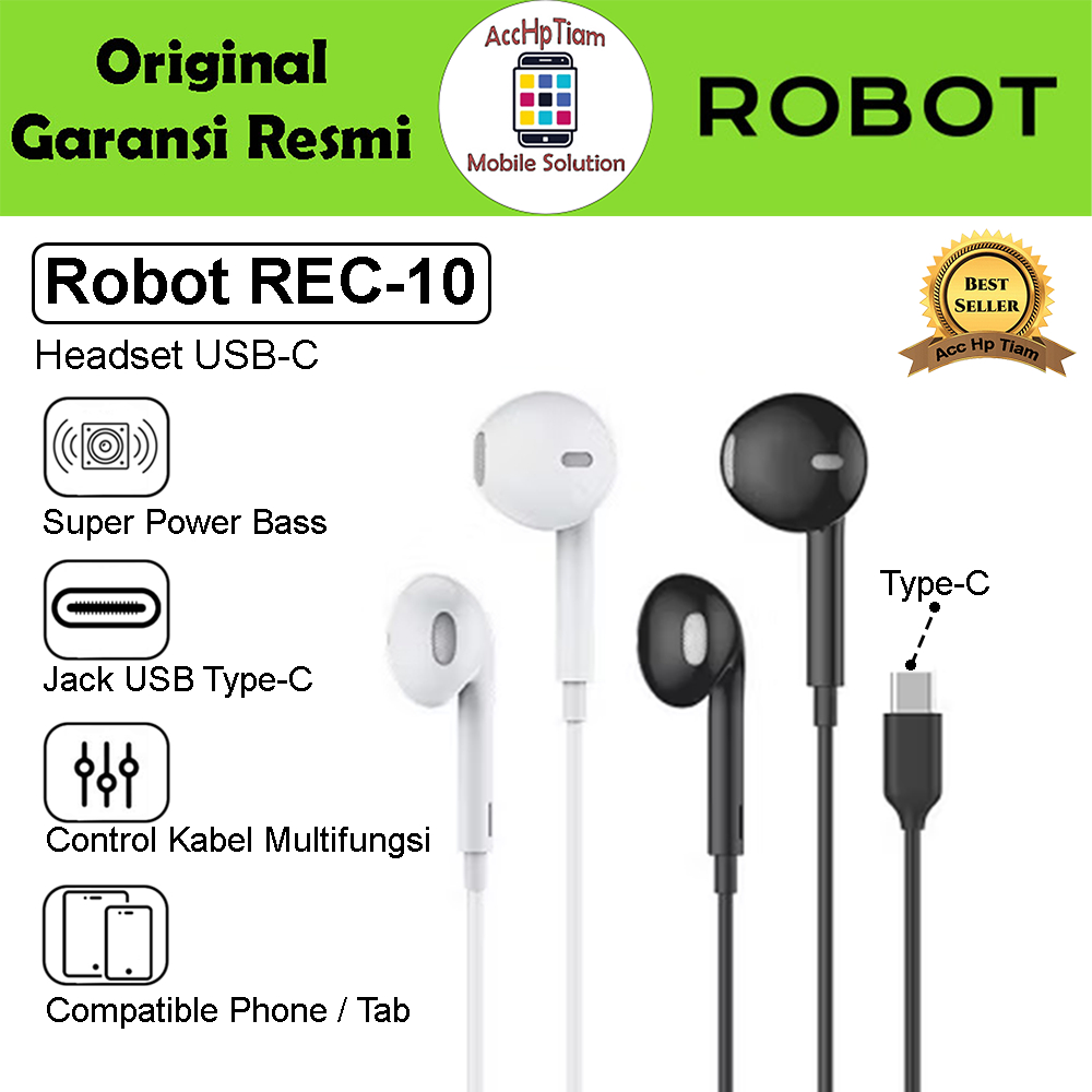 Jual Headset Robot REC10 Type-C Super Bass - Wired Earphone USB-C REC ...