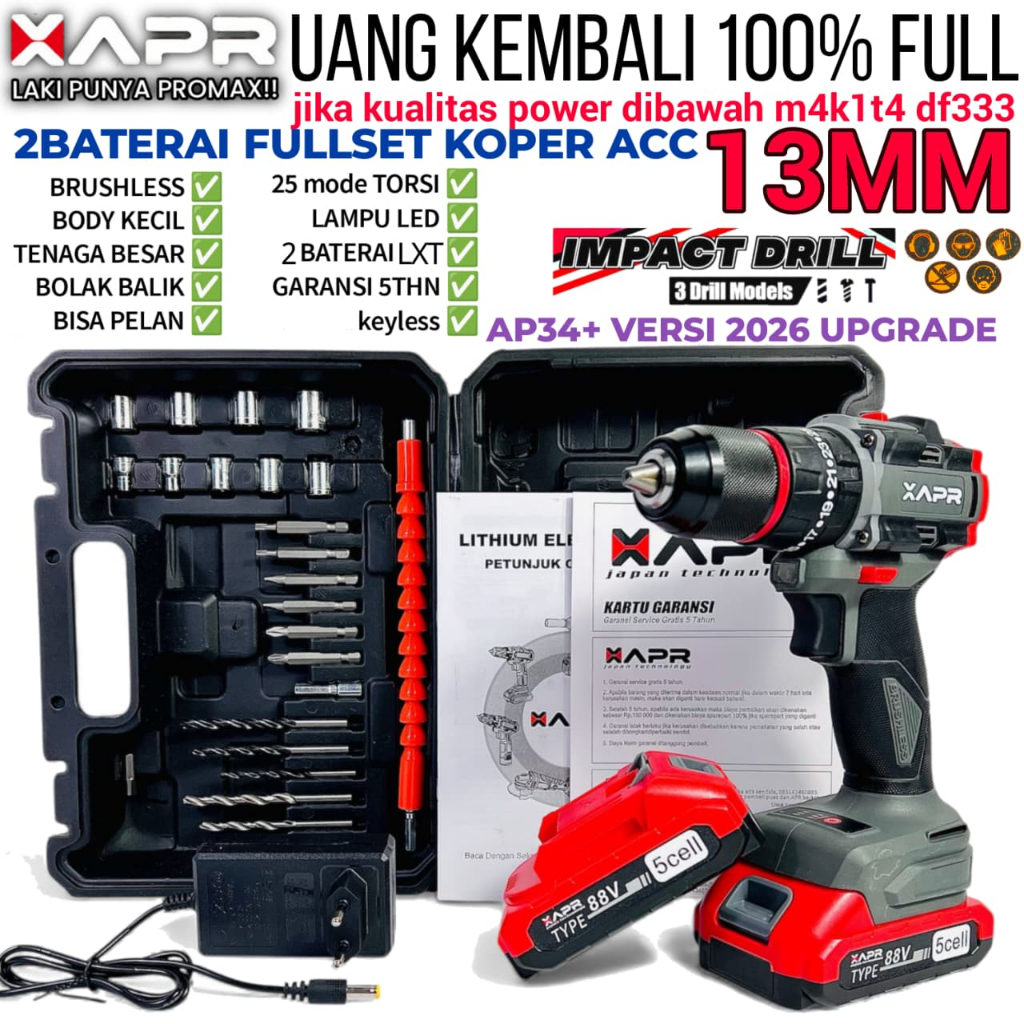 Jual APR RAJA BOR IMPACT DRILL BRUSHLESS TYPE AP34+ 13MM KEYLESS AUTO ...