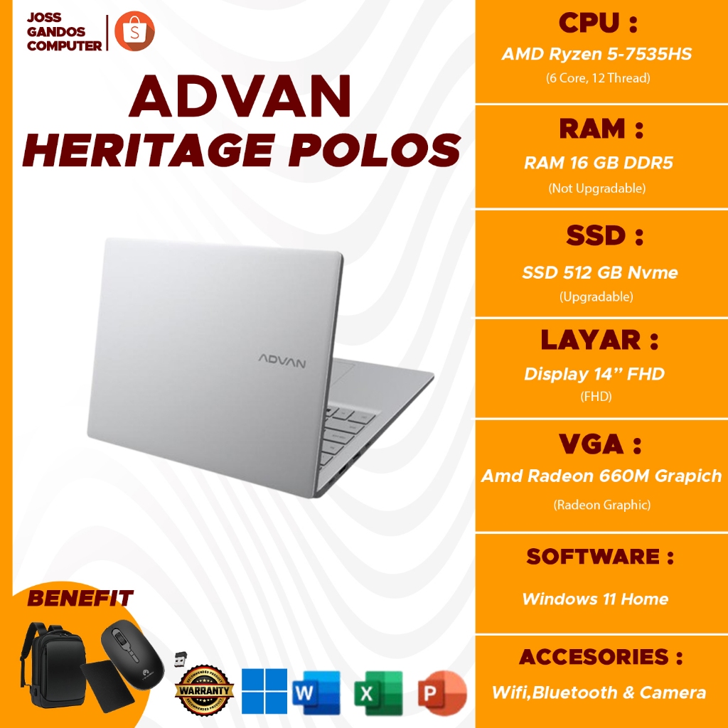 Jual ADVAN WORKPLUS HERITAGE POLOS /AMD RYZEN 5-7535HS /RAM 16GB /SSD ...