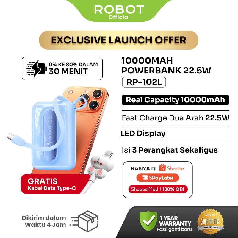 Jual ROBOT Powerbank Fast Charging 10000mAh Type-C Cable Pengisian ...