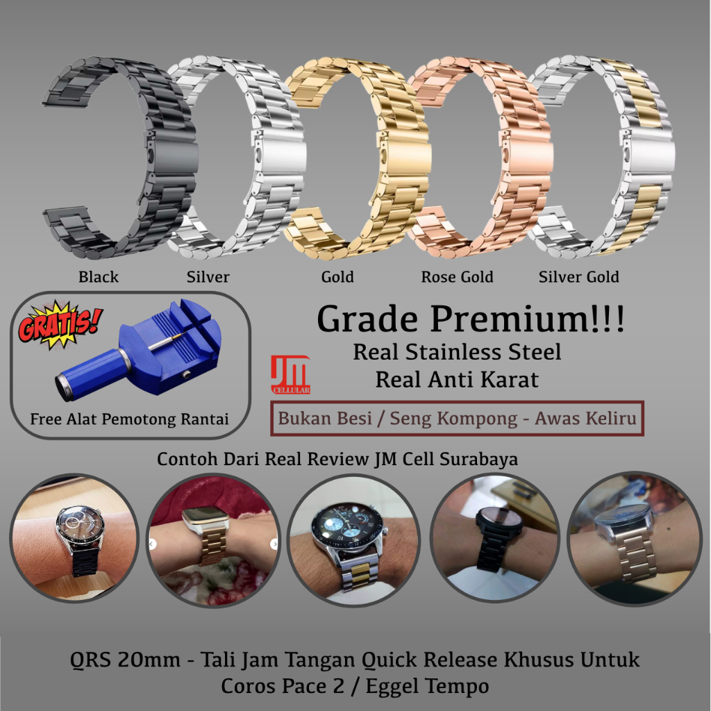Jual QRS 20mm Tali Jam Strap Coros Pace 2 / Eggel Tempo - Metal Real ...