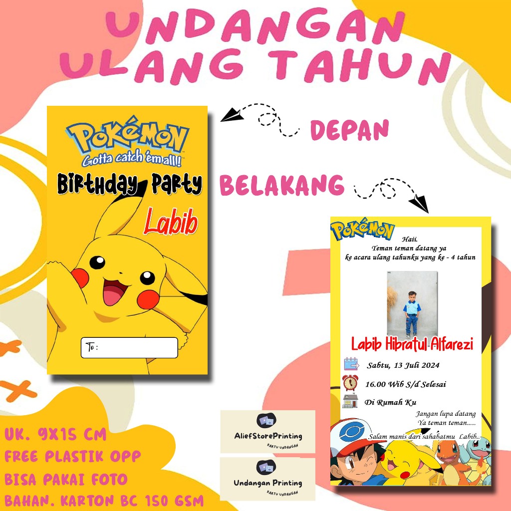 Jual Undangan Ulang Tahun Karakter Pokemon 2 Custom | Shopee Indonesia