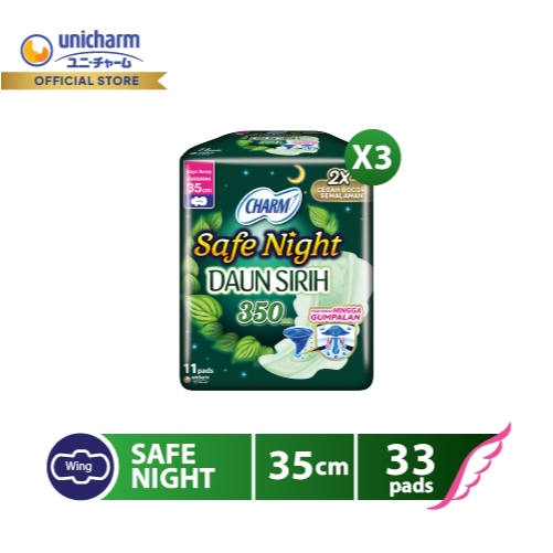 Jual Charm Pembalut Safe Night Daun Sirih 35cm Wings 11 Pads - 3 Packs ...