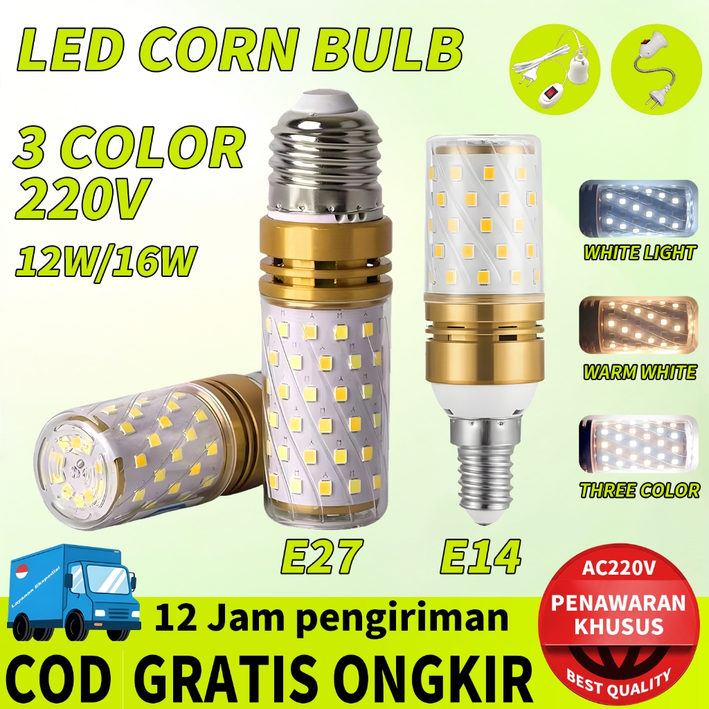 Jual LED Corn Bulb 12W 16w E27 E14 3 Warna Lampu Bola Lampu Hias 220V ...