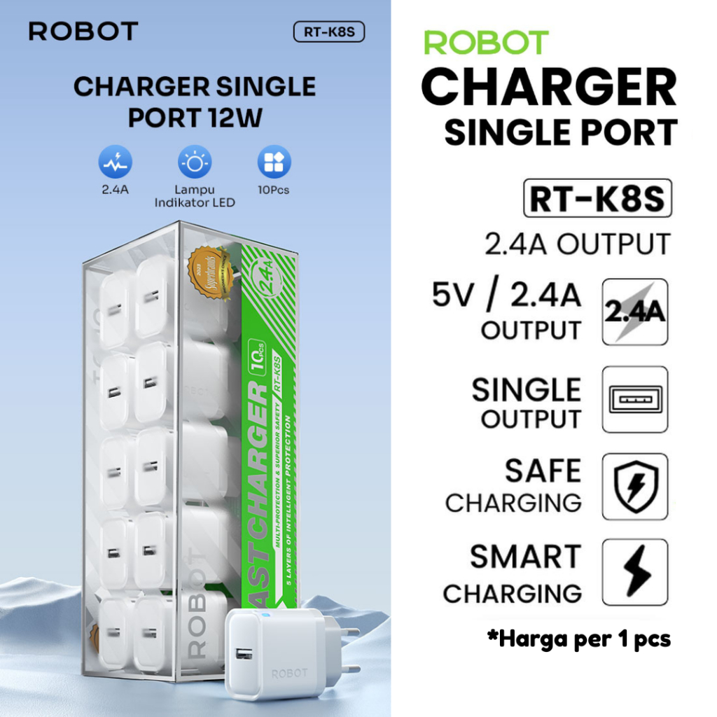 Jual (ECER) ROBOT RT-K8S KEPALA CHARGER 12W 2.4A PORT USB-A PORTABLE ...