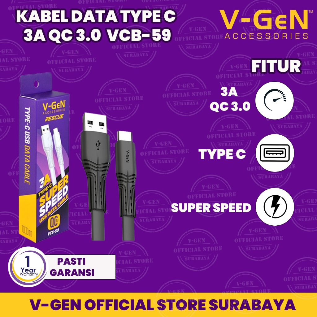 Jual Kabel Data USB Type C V-GeN VCB-59 Fast Charging 3A Kabel Gepeng 1 ...