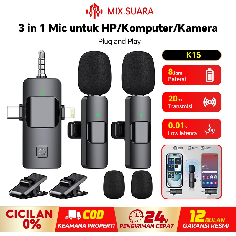 Jual MIX.SUARA K15 3 In 1 Dual Mic Wireless Microphone hp Tanpa Kabel ...