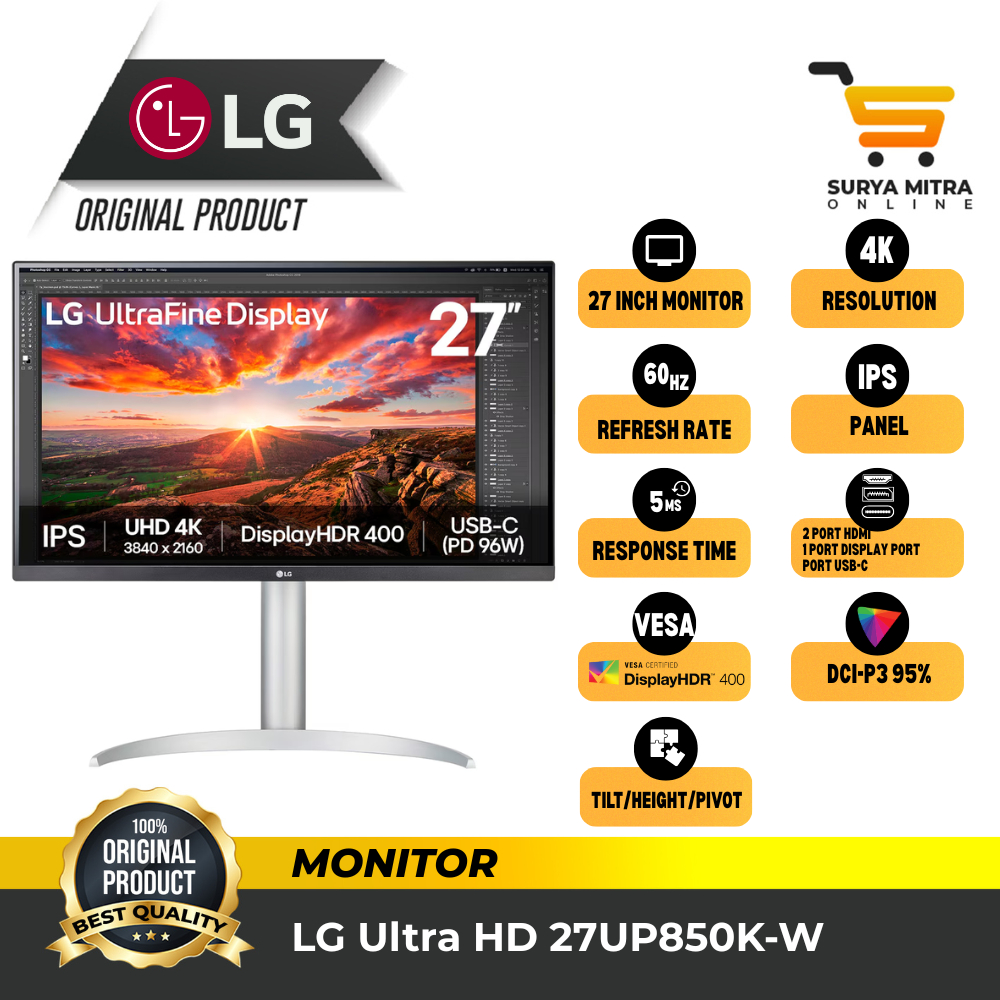 Jual Monitor LG UltraFine 27UP850K-W 27" IPS 4K UHD USB-C FreeSync ...