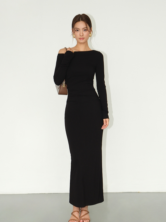 Jual 99kOUTLET [Premium] Women Long Dress Slanted Shoulder Ruched Long ...