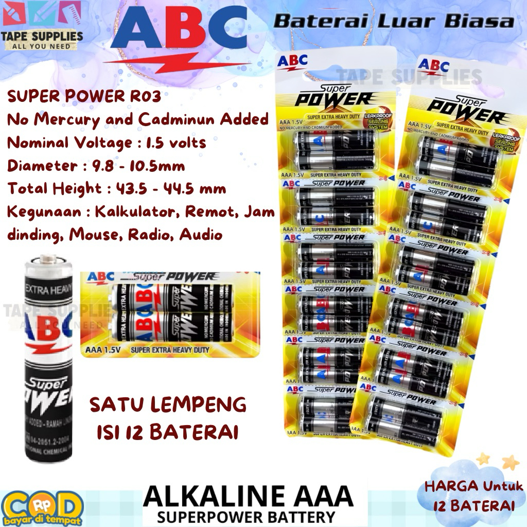 Jual (ISI 12) Baterai A3 AAA R03 ABC Super Power 1.5V EXTRA HEAVY DUTY ...