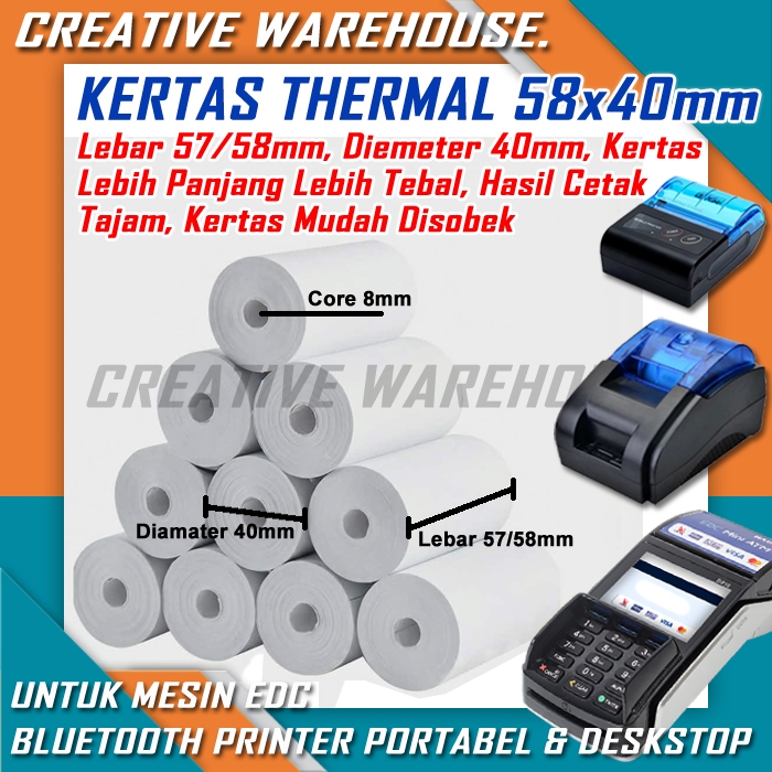 Jual 10 Roll BESAR Kertas Termal 58mm x 40mm | 57/58x40mm Kertas Struk ...