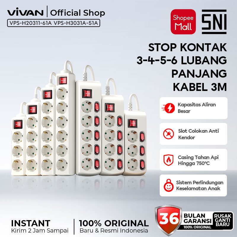 Jual VIVAN VPS Socket Series 4000W Tahan Api Stop Kontak 3M VPS-H20 ...