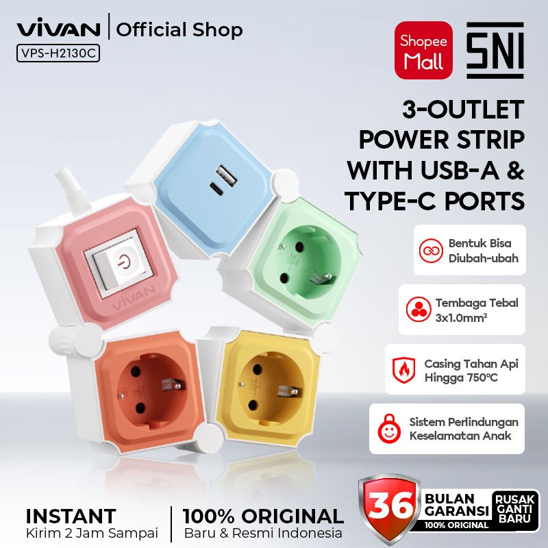 Jual VIVAN Safety Socket VPS-H2130C Rainbow 3AC Charging Port 3M Free ...