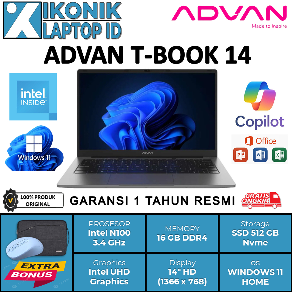 Jual Laptop Advan T-BOOK 14 Intel N100 Ram 16GB SSD 512GB 14" HD ...