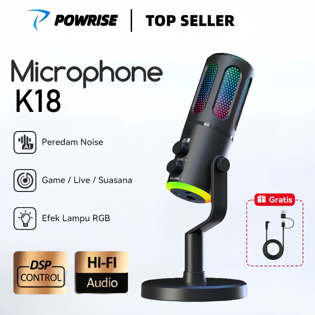 Jual POWRISE K18 Microphone Condenser USB Type-C Mikrofon with RGB ...
