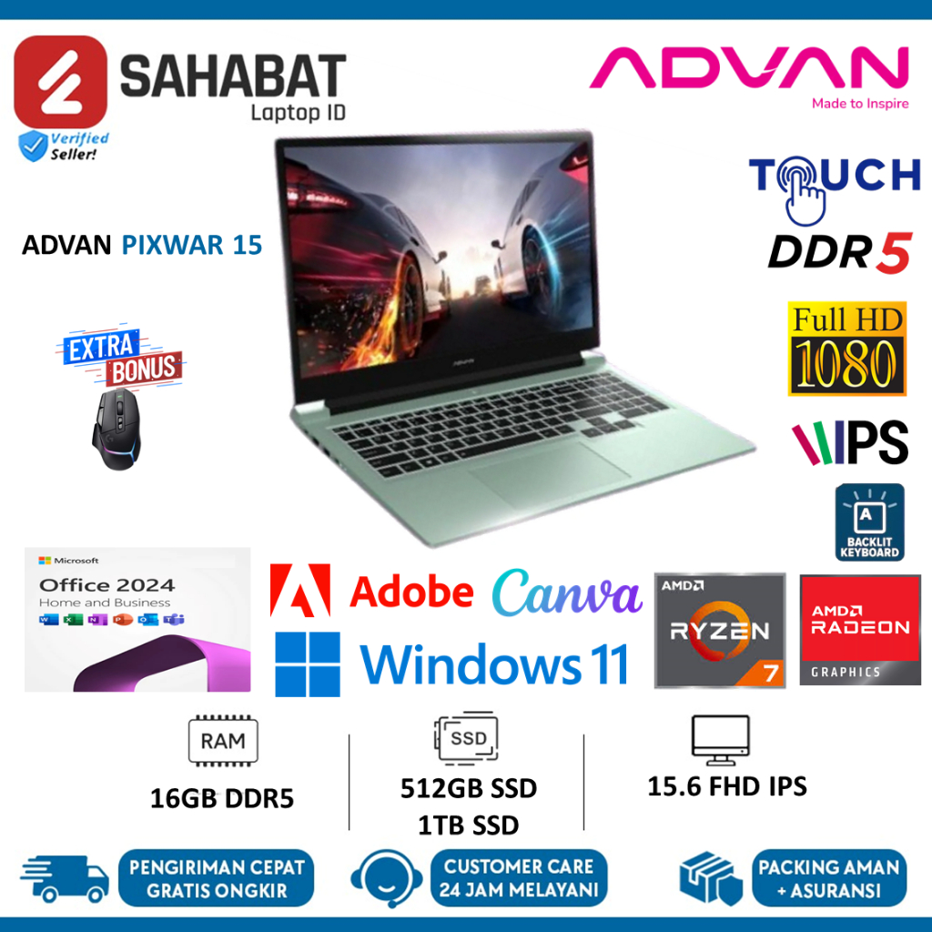Jual ADVAN Laptop Gaming Pixwar Touchscreen Ryzen 7 6800H 16GB/512GB ...