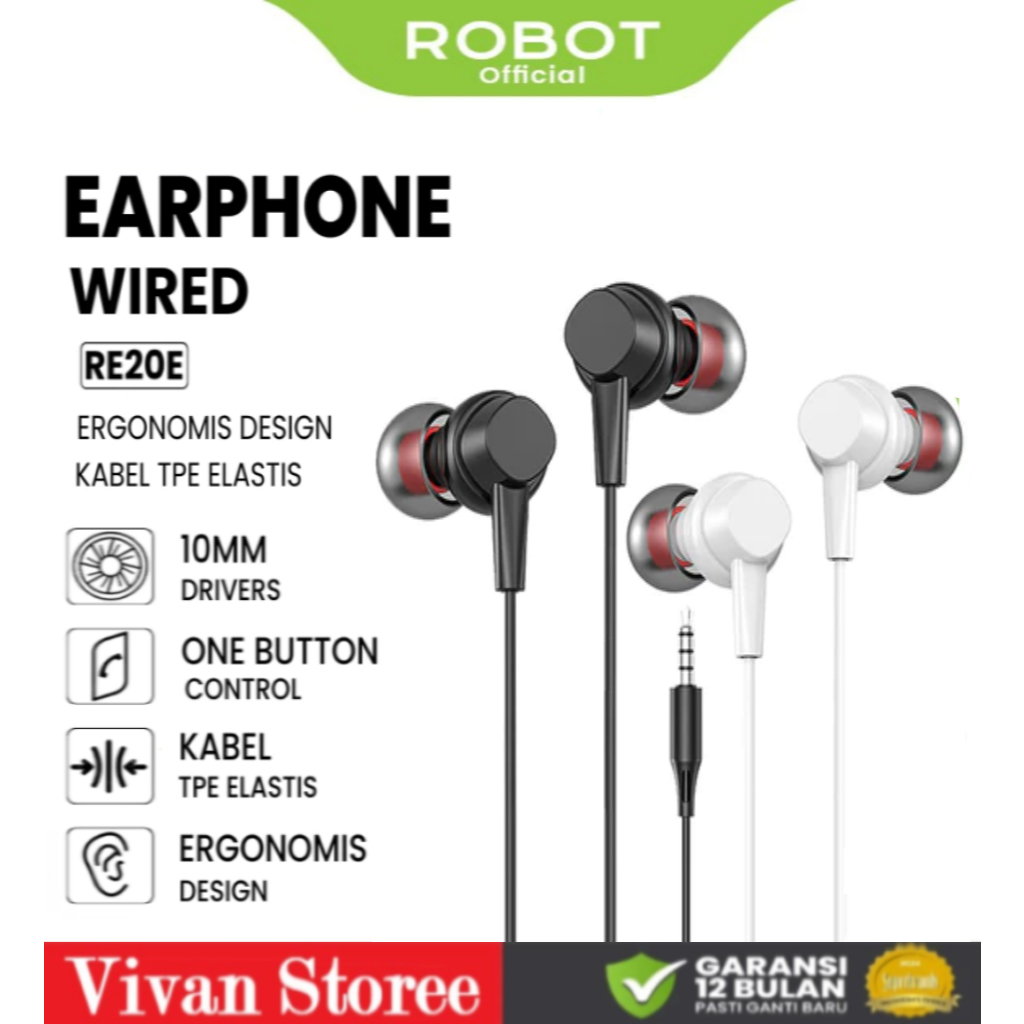Jual Robot Headset RE20E Handsfree Super Bass Earphone Kabel with Mic ...
