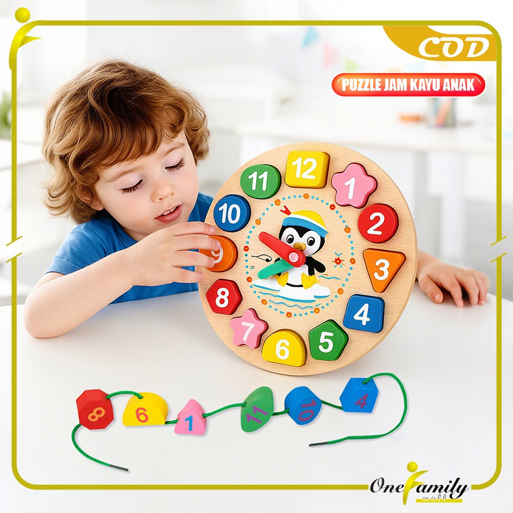 Jual ONE-M330 Mainan Edukasi Anak Puzzle Jam Kayu Motif Penguin Lucu ...
