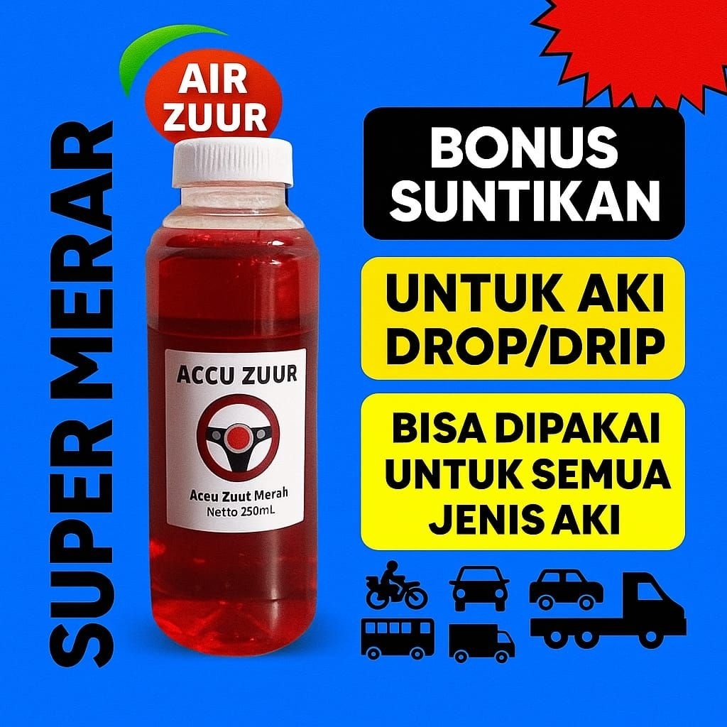 Jual Air Accu Zuur Merah (Untuk aki kering & basah) isi 250Ml free ...