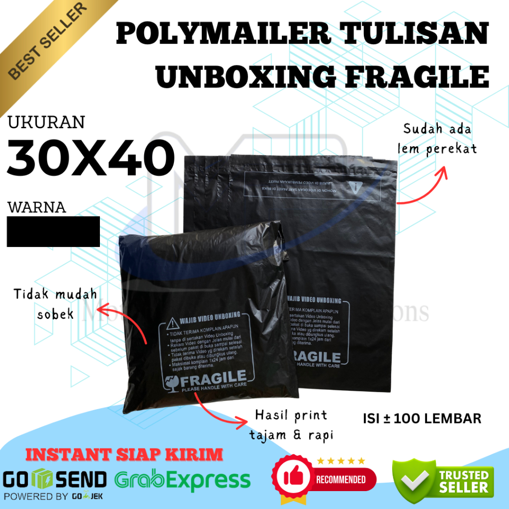 Jual Polymailer FRAGILE UNBOXING 30x40 isi 100 Plastik Lem Perekat ...