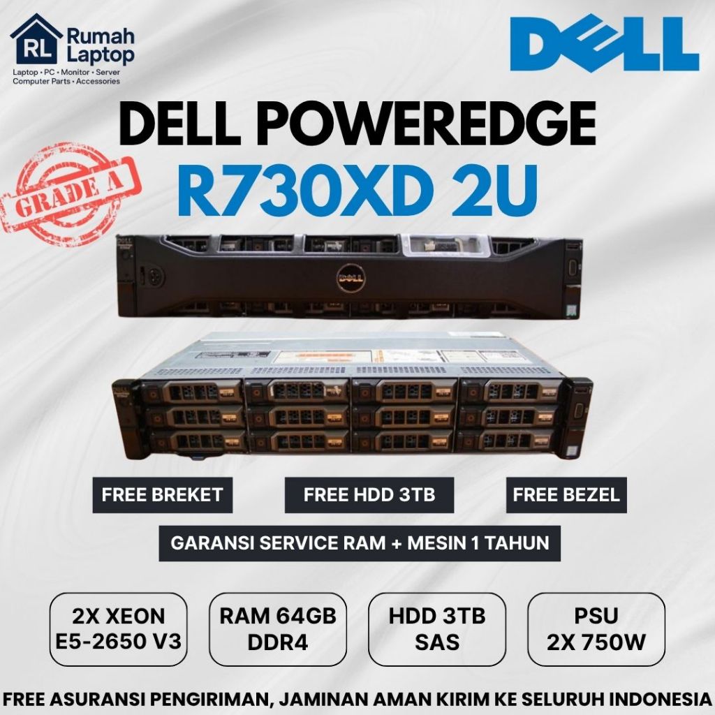 Jual PROMO SERVER DELL R730XD DUAL PROC XEON E5-2650v3 RAM 64GB DDR4 HDD 3TB SAS SERVER PULSA ...