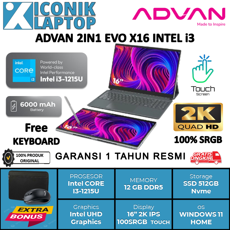 Jual Advan Evo-X 16 2in1 Core i3-1215U 12GB 512GB 16.0 2K IPS Touch ...